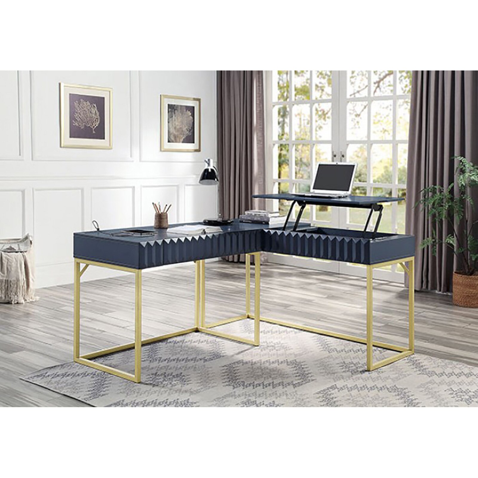 Furniture of America 64" Antique Blue Solid Wood Corner Computer Desk