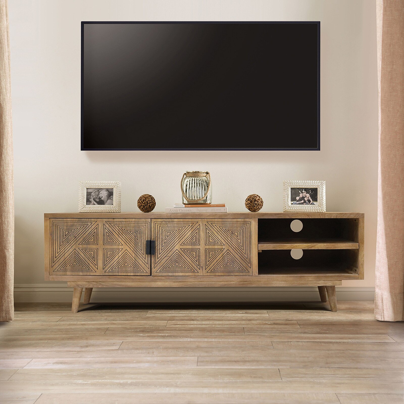Furniture of America 56" x 18" Zahara Natural Solid Wood Media Console ...