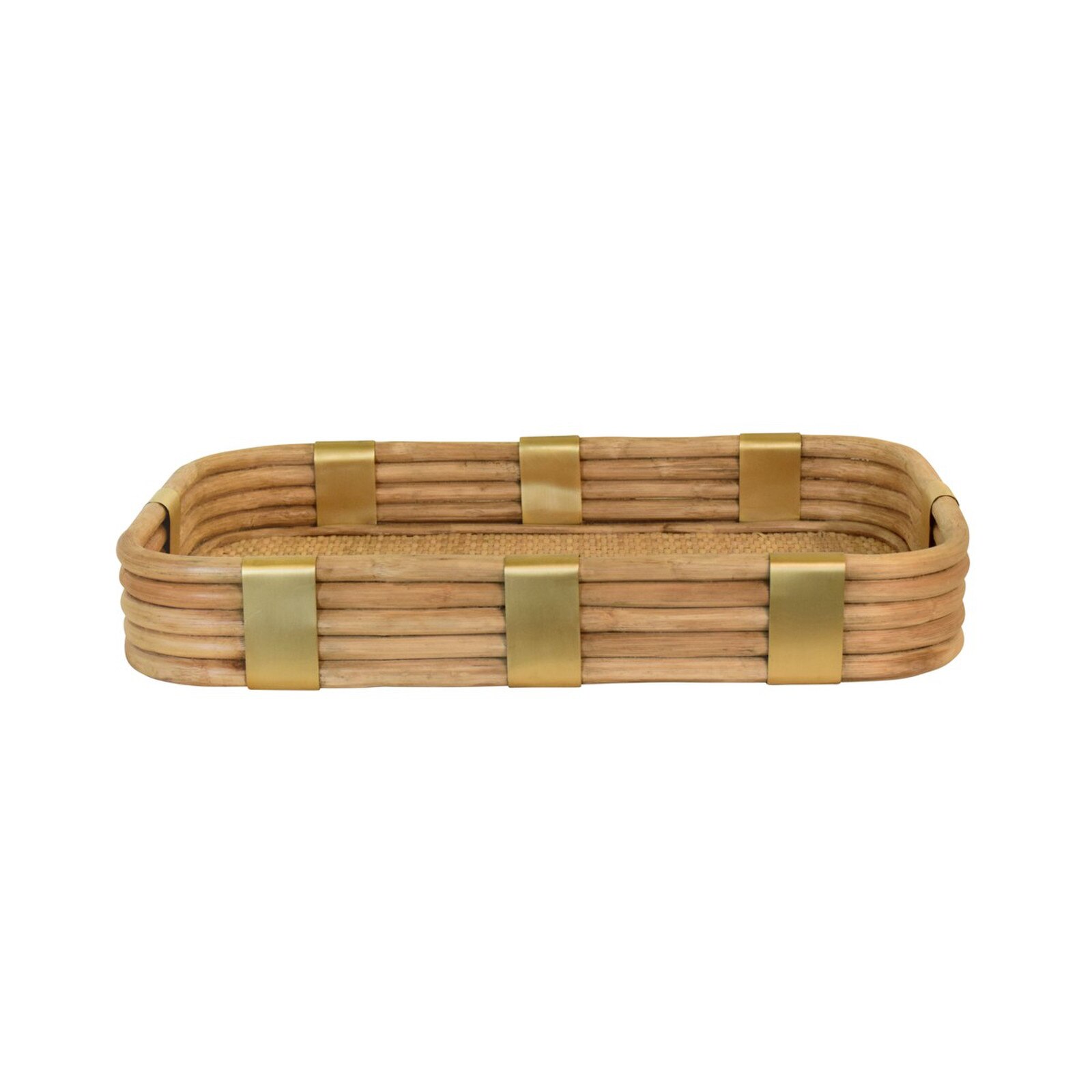 Worlds Away Rectangular Natural Rattan Tray with Brass Rim and Rounded ...
